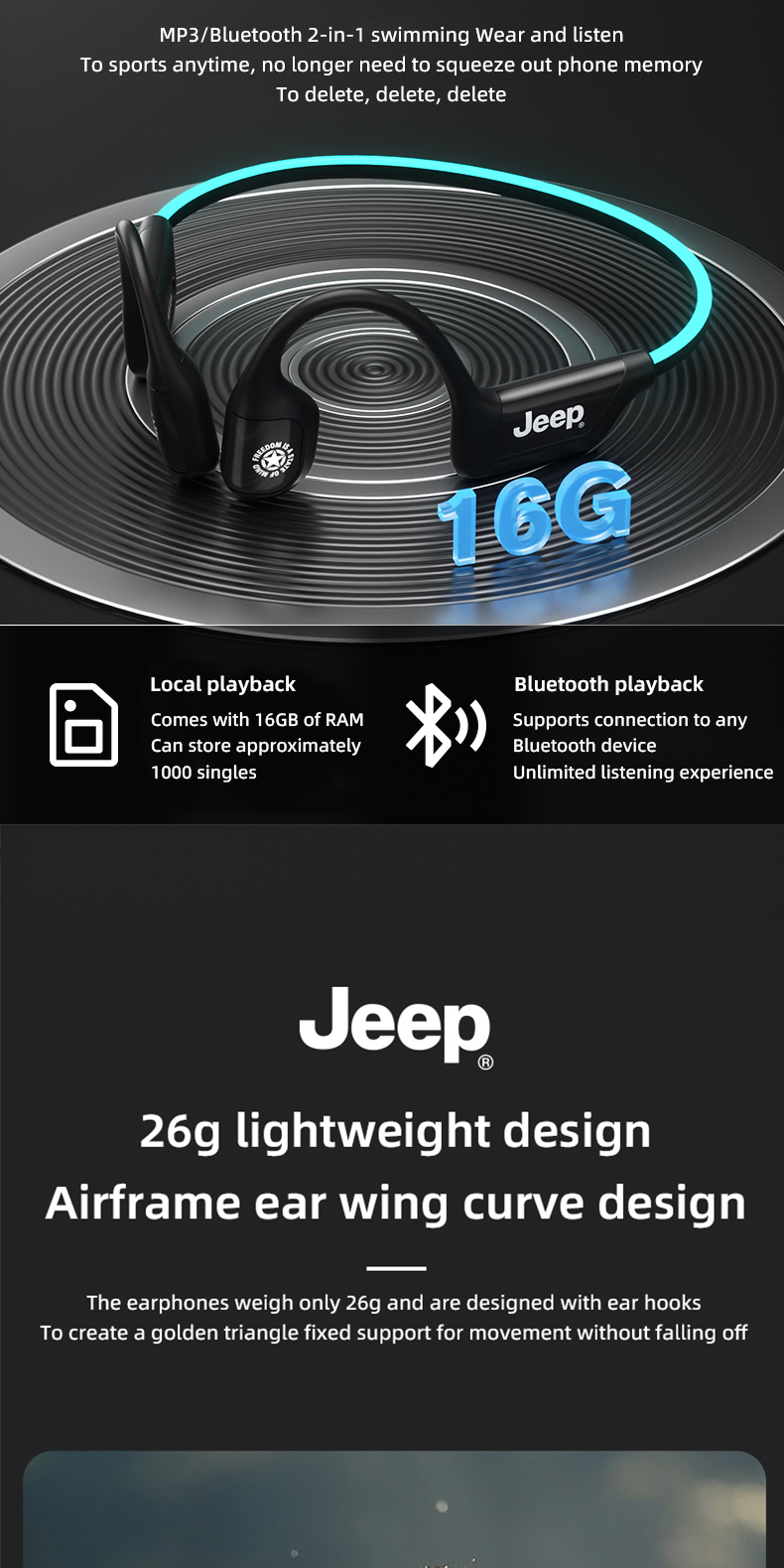 Jeep EC025 Bone Conduction Bluetooth 5.4 Earphones IPX8 Waterproof ...