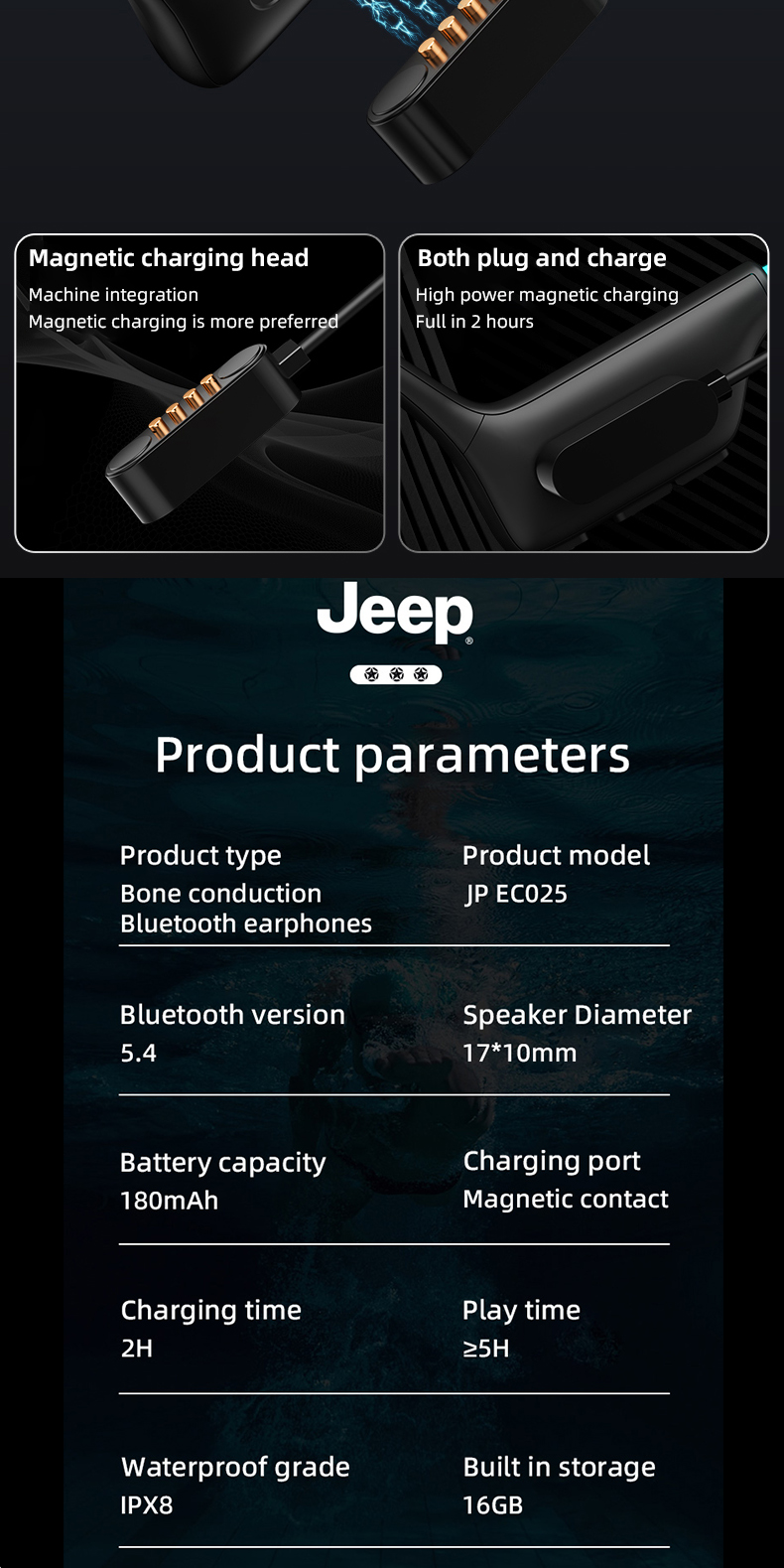 Jeep EC025 Bone Conduction Bluetooth 5.4 Earphones IPX8 Waterproof ...