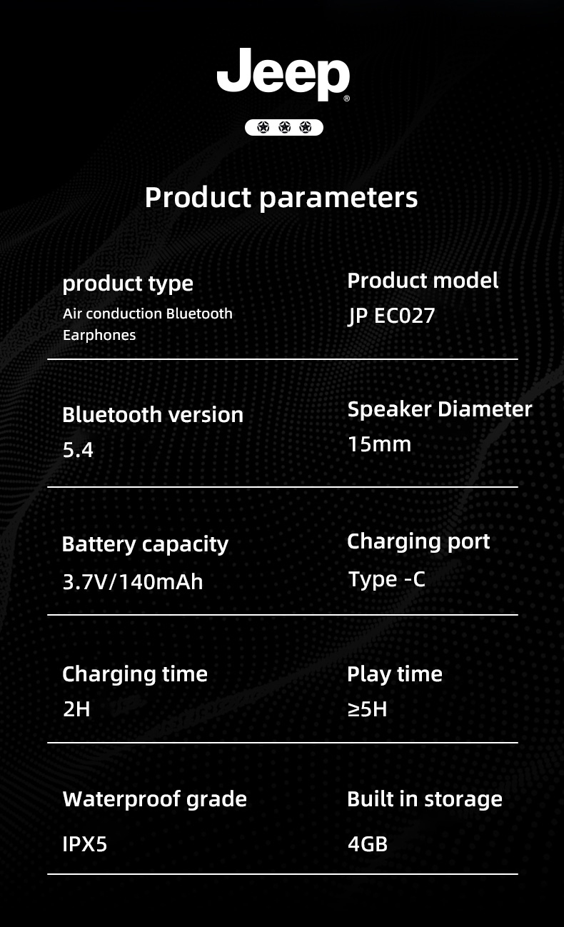 Jeep EC027 Bone Conduction Headphones IPX5 Waterproof Open Ear Wireless ...