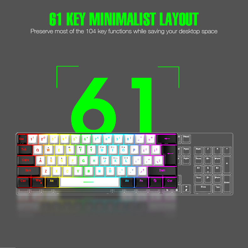 Wired Gaming Keyboard 61-Key RGB Backlight Mini Compact USB-C Pluggable ...