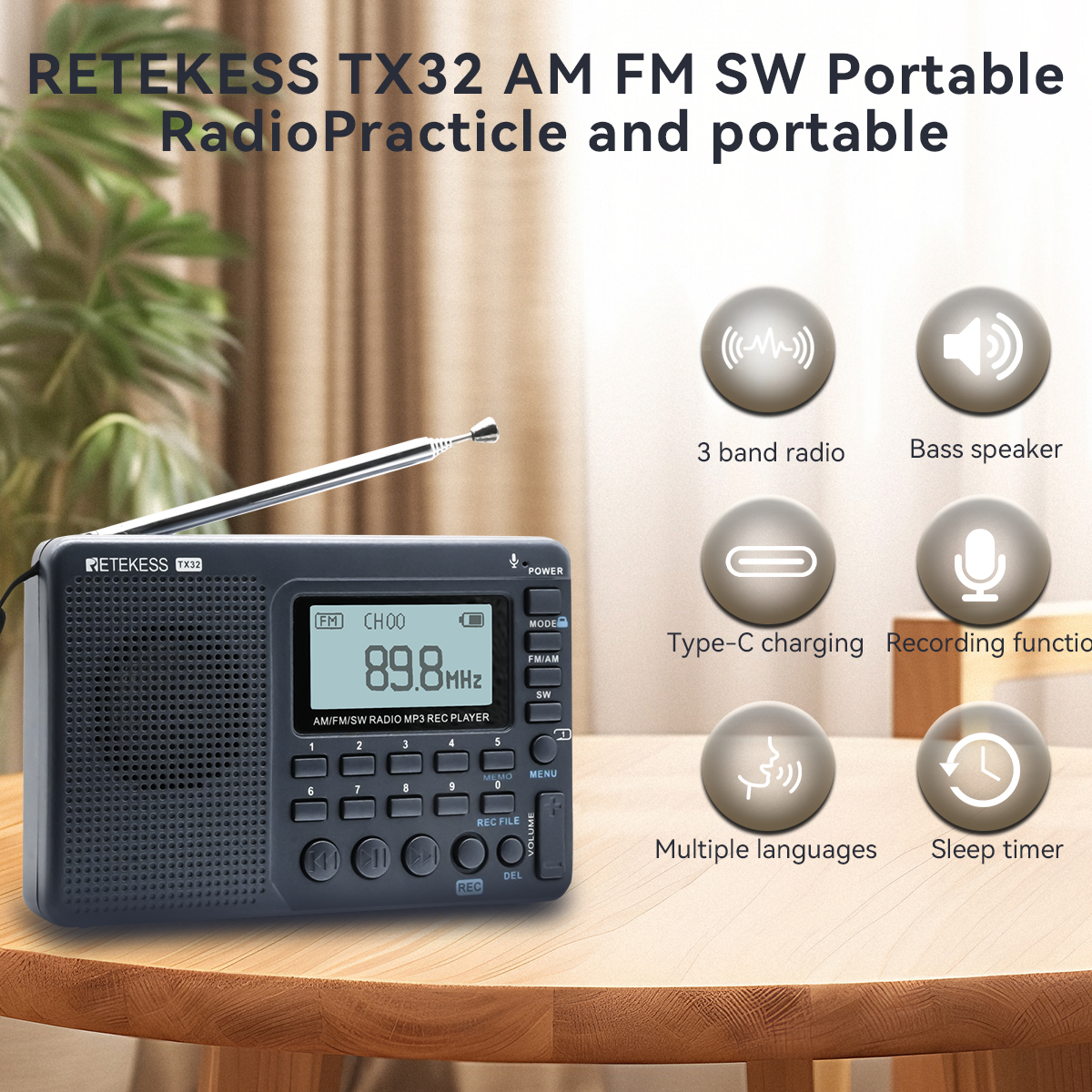 RETEKESS TX32 Portable Radio FM AM SW Radio Multi-language Sleep Timer ...