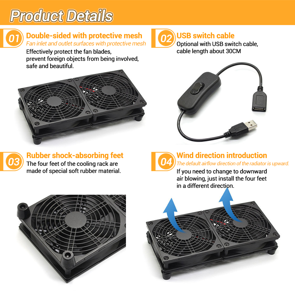1200RPM USB Router Fan Wifi Modem Cooling Rack Router Cool 120CM Wire ...