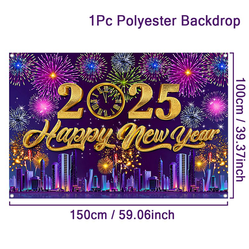 1*1.5m Polyester Purple Happy New Year Backdrop Curtain Happy New Year ...
