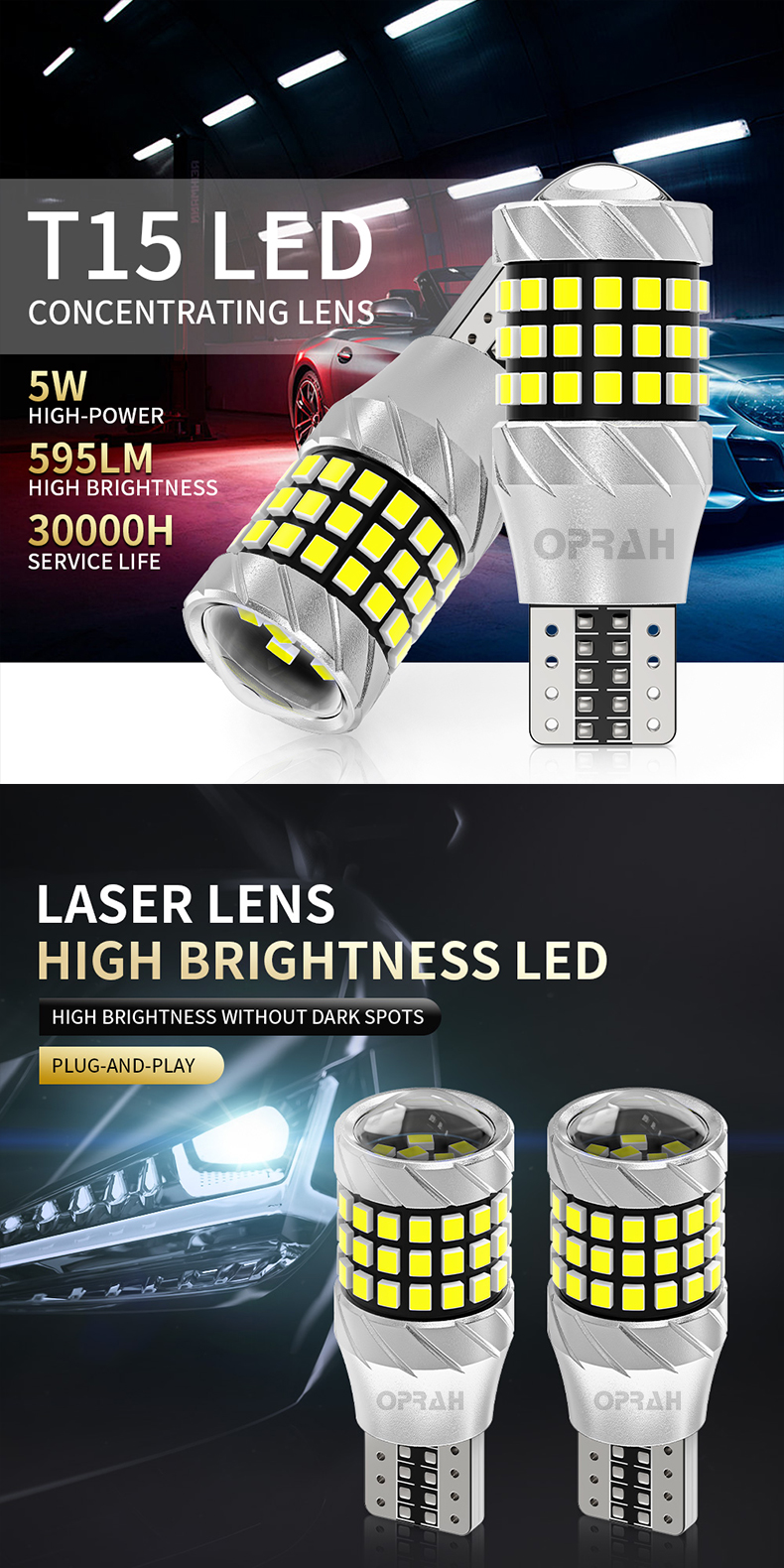 Oprah 2pcs T15 LED Bulb 2016 57SMD Car LED Bulb Replacement Bulb Parking Light Reversing Light ...