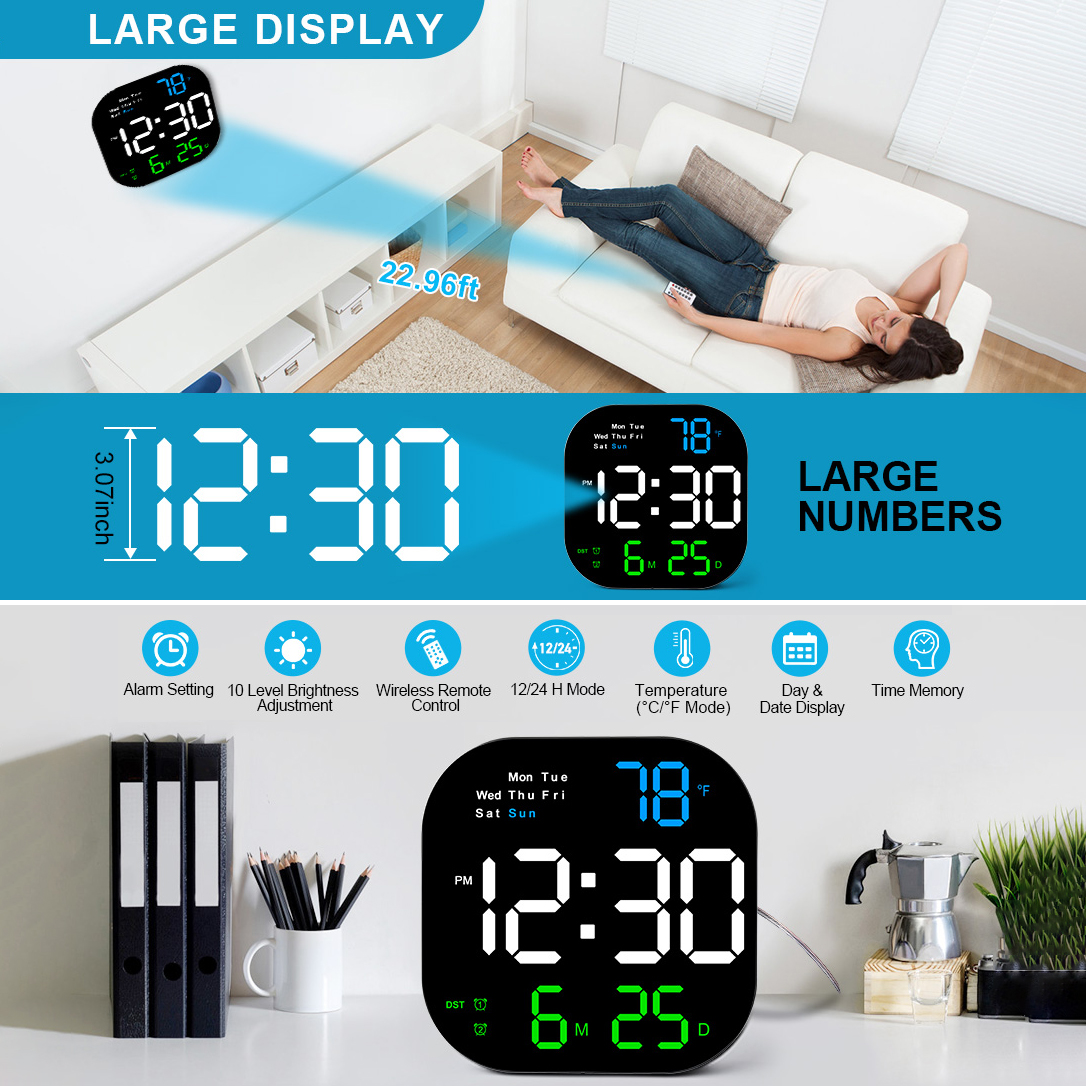Digital Clock Wall Decor Remote Control Alarm Clock Led Kitchen Office ...