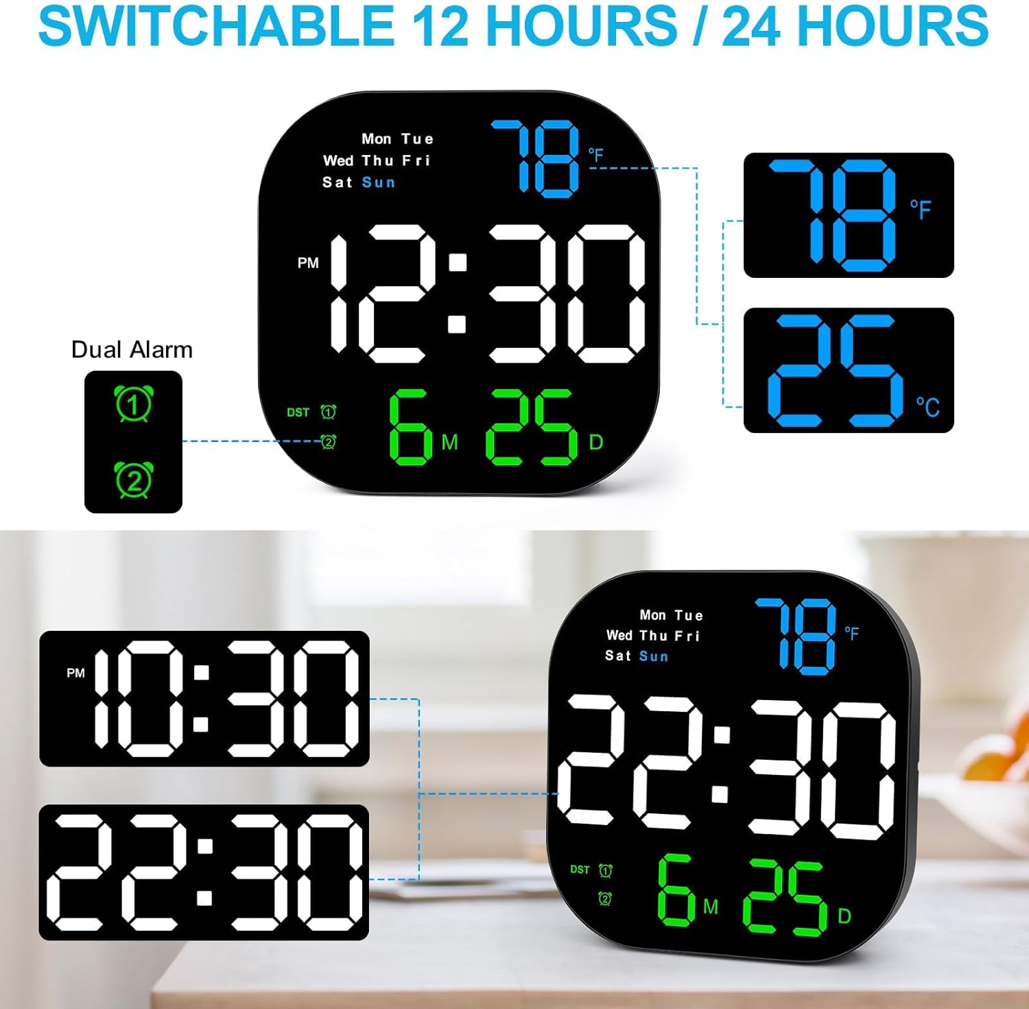 Digital Clock Wall Decor Remote Control Alarm Clock Led Kitchen Office ...