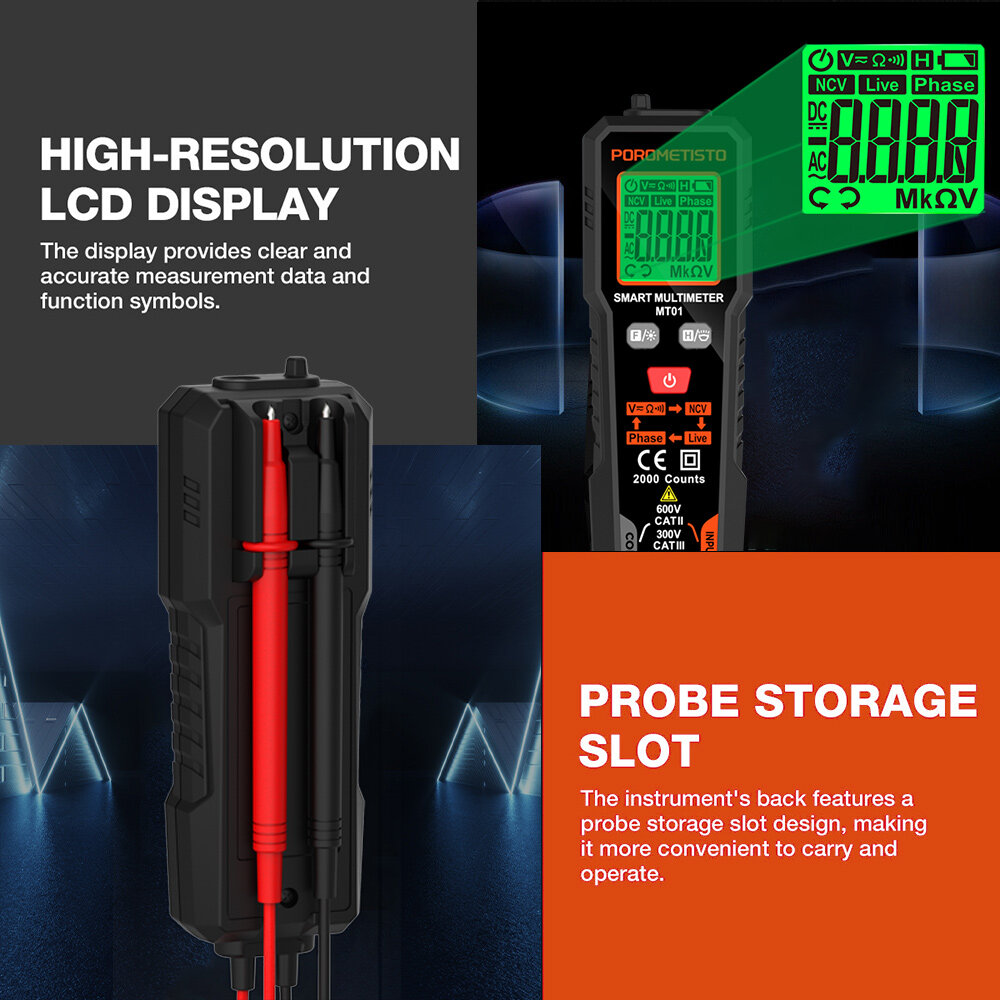 MT01 Multimeter TRMS Smart Multimeter Auto-Range Voltage Resistance Continuity Measurement ...