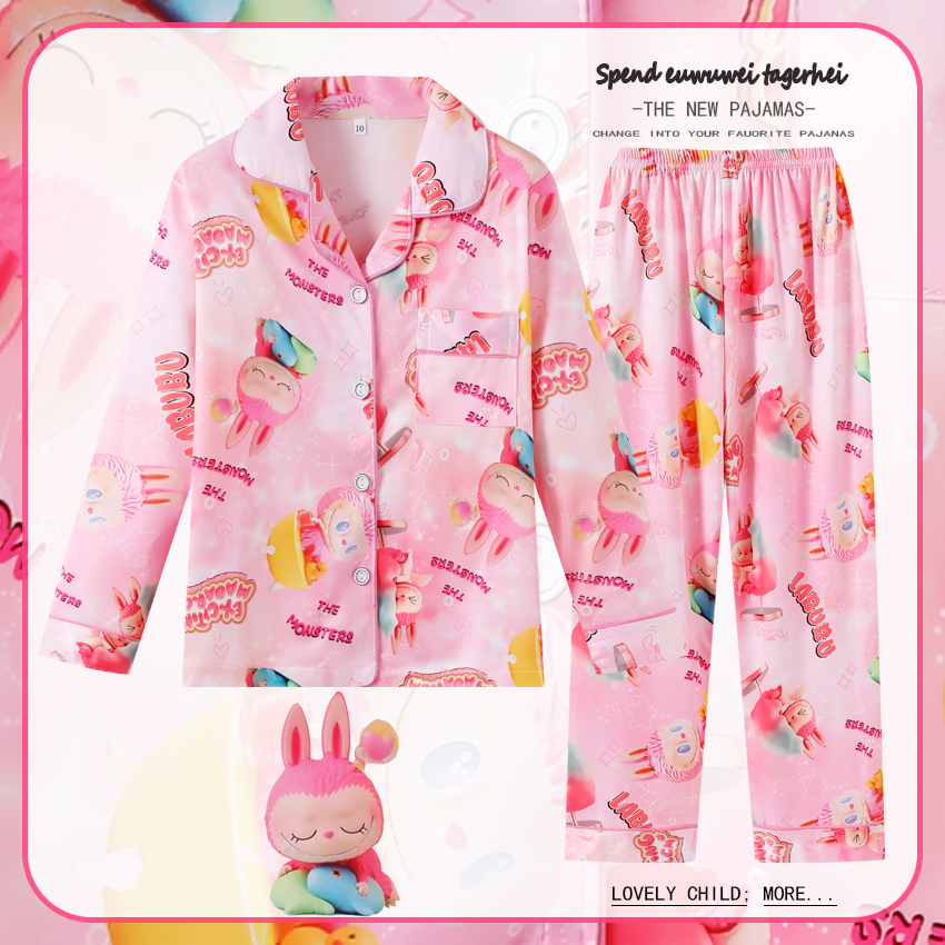 Cute Labubu Girls Pyjamas Children Long Sleeve pajamas Big Girl Lapel ...