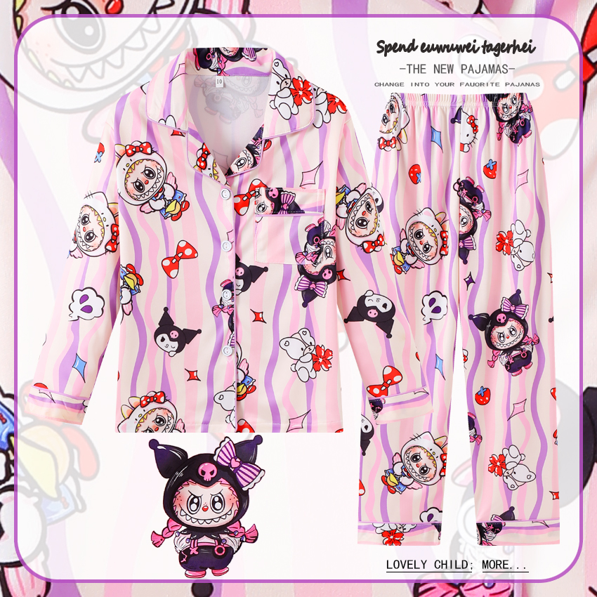 Cute Labubu Girls Pyjamas Children Long Sleeve pajamas Big Girl Lapel ...