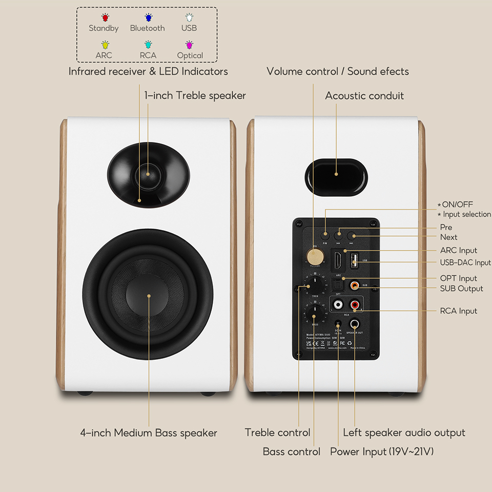 AIYIMA S600 Bluetooth Bookshelf Speaker 4 Inch 50WX2 Active Audio Power HiFi Home Support 24bit ...