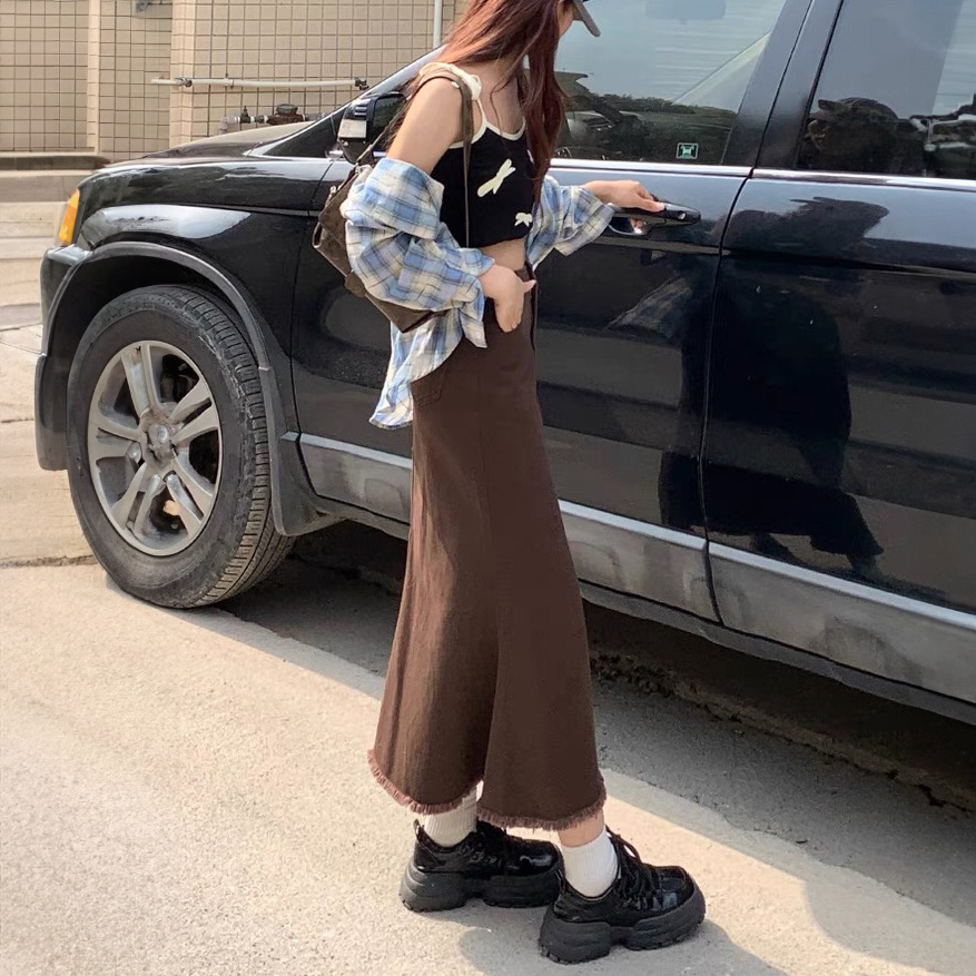 Plus Size (S-7XL) Korean Retro Raw Hem Brown Long Skirt High Waist A ...