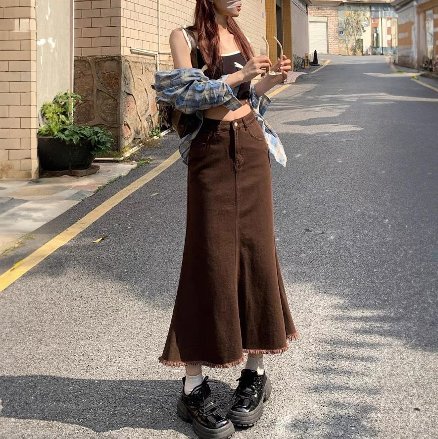 Plus Size (S-7XL) Korean Retro Raw Hem Brown Long Skirt High Waist A ...