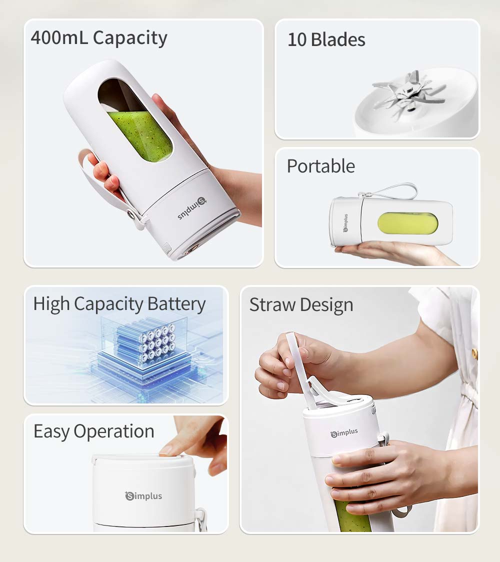 Simplus Portable Juicer Blender Fruit Juice Mixer USB Rechargeable 400ML Electric Fruit Juicer ...
