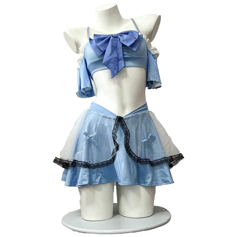 Sexy Maid Uniform Role Play Costume Women's Blue Top Short Skirt Set ...