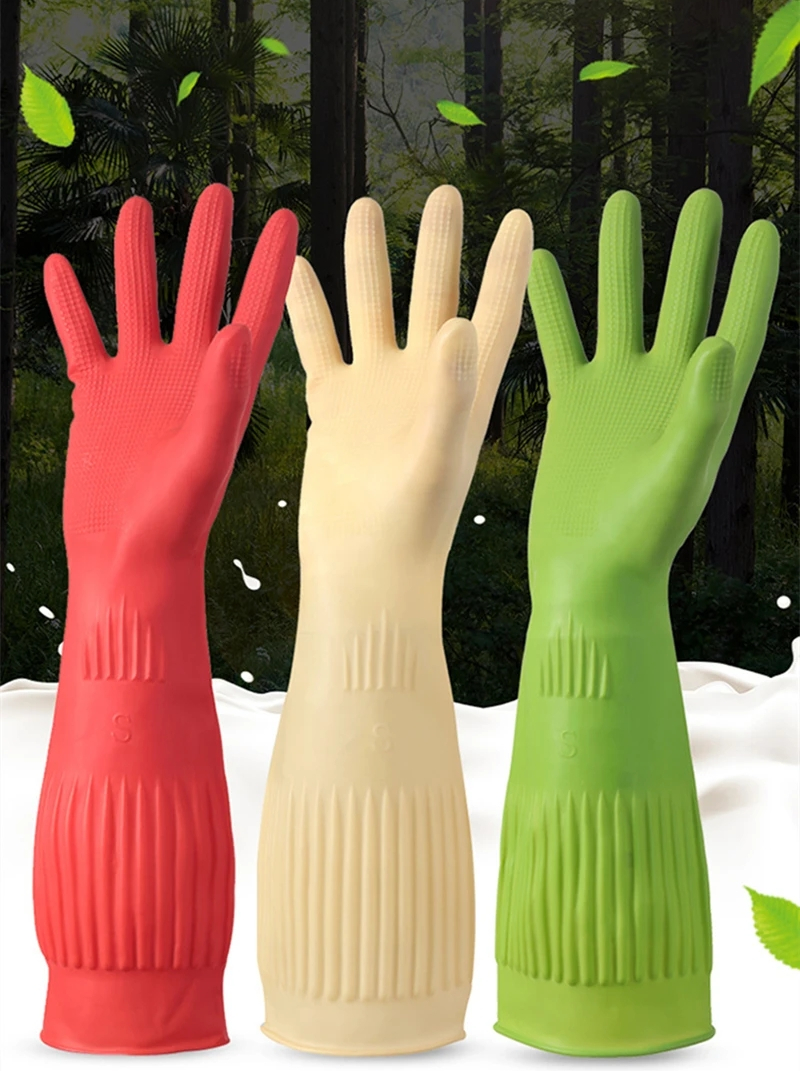 1Pair Lengthen Dishwashing Cleaning Gloves Latex Rubber Waterproof Work ...