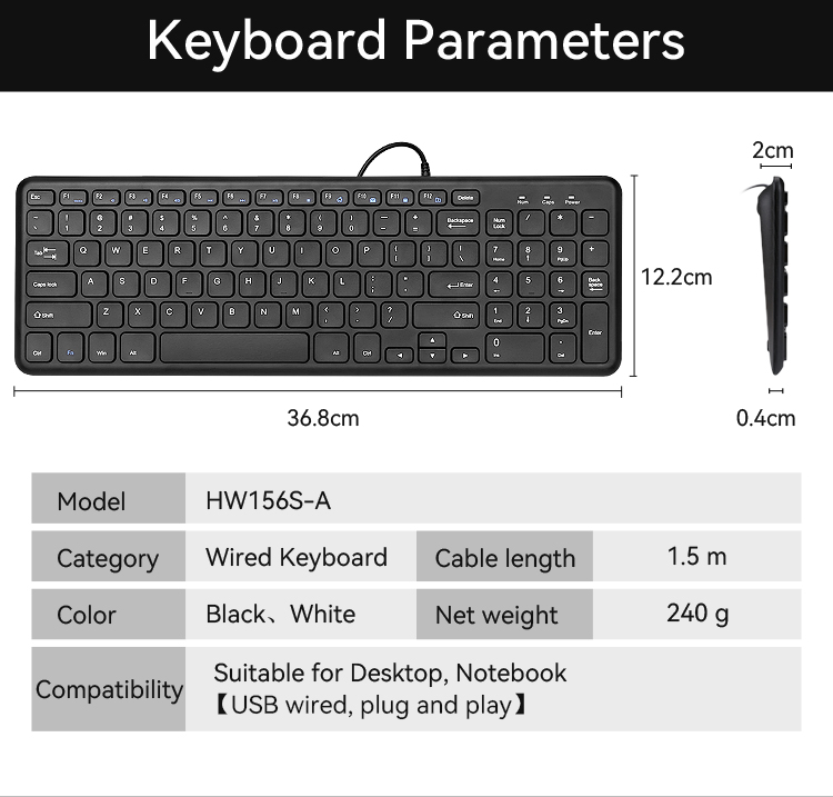 BOW USB Wired Keyboard HW156S-A Silent Simple Layout Practical Keyboard ...
