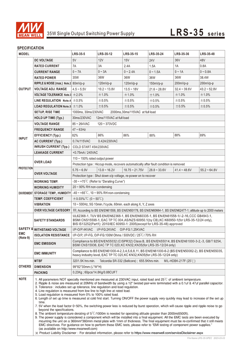 MEAN WELL LRS-35 LRS-50 LRS-75 LRS-100 LRS-150 LRS-200 LRS-350 DC12V ...