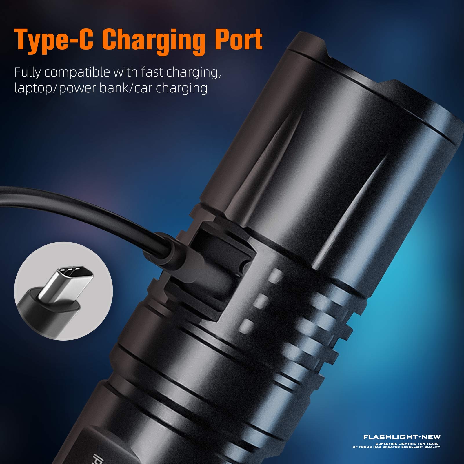 SUPERFIRE V8-T 15W Zoomable Flashlight Super Bright Type-C Rechargeable ...