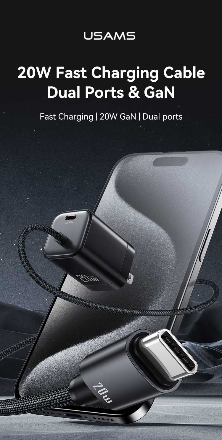 USAMS 20W GaN USB Type C Charger With 1.2m Cable Dual Type-C PD Fast Charge QC 3.0 Quick ...