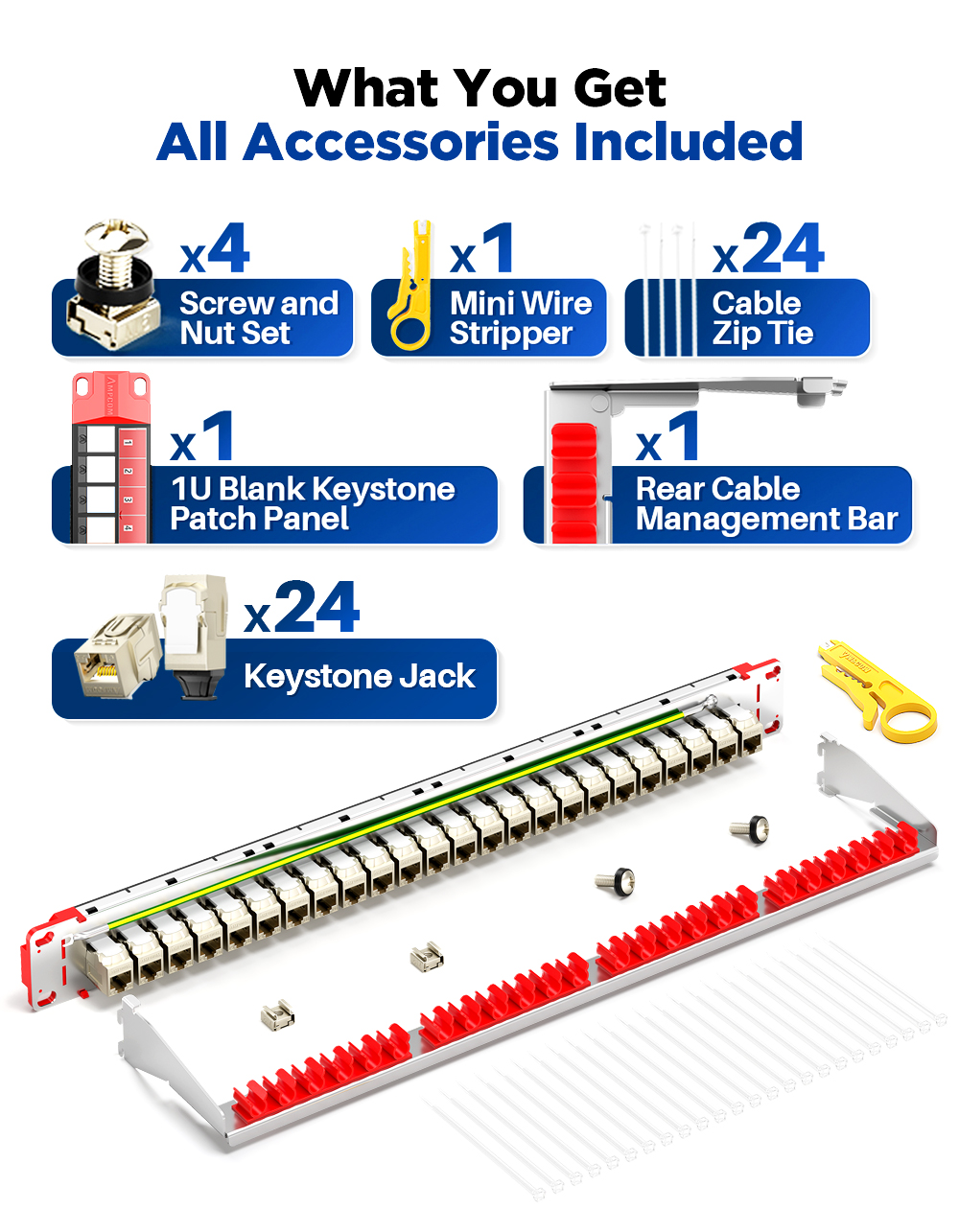 AMPCOM 24 Port Patch Panel, CAT7 RJ45 Coupler Shielded Thru Coupler ...