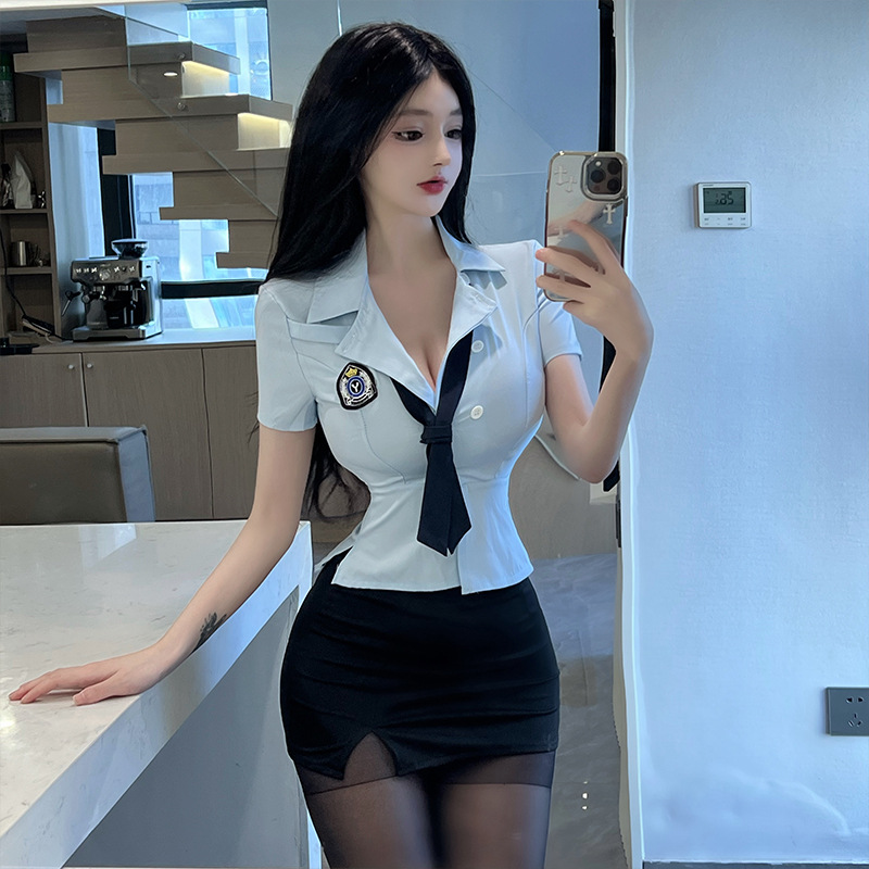 Sexy Secretary Uniform Role Play Costume Women Blue Shirt Black Skirt ...