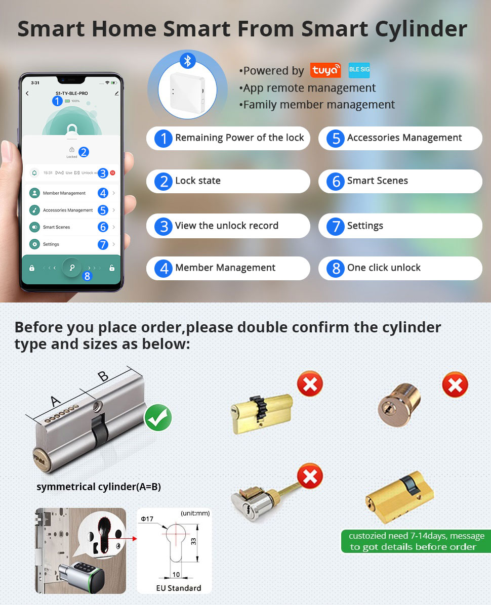 zemismart Tuya BLE Smart Home Security Door Lock DIY Cylinder Core ...