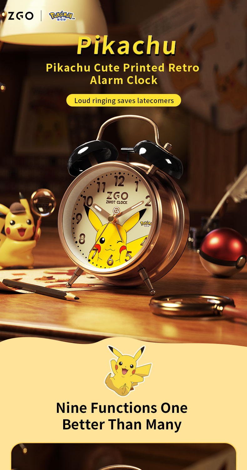 ZGO x Pokemon Pikachu Silent Alarm Clock For Kids Bedroom Student Study ...