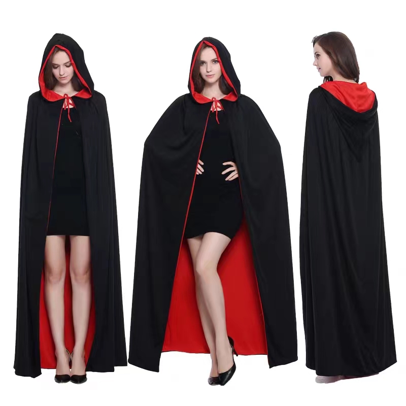Halloween COS Long Double layered Cloak unisex Black and Red Hooded ...