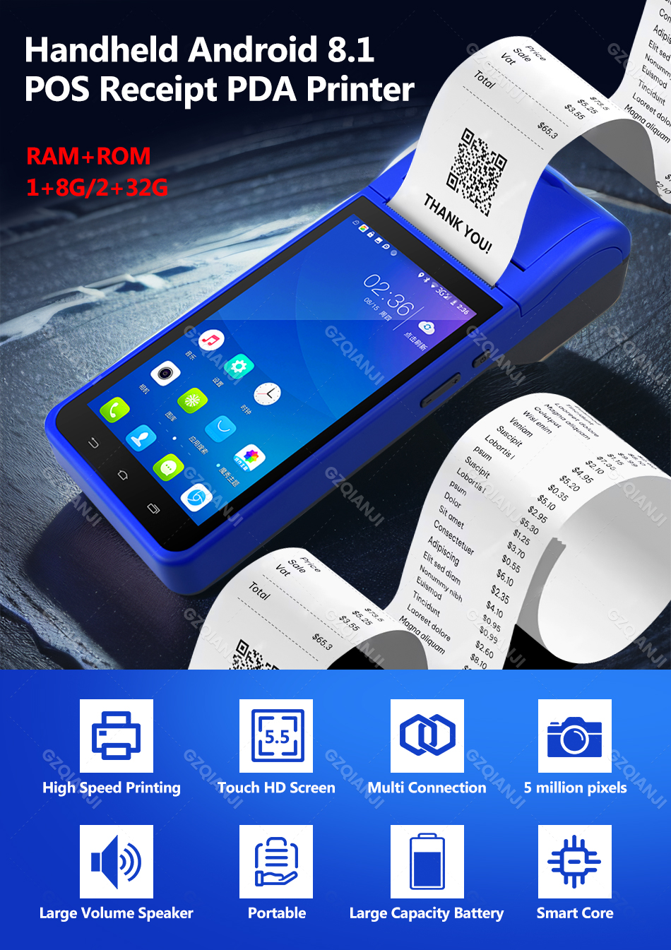 Portable Pen Drive 4G Android 8.1 POS PDA 58mm/Bluetooth Wifi/TF Card ...