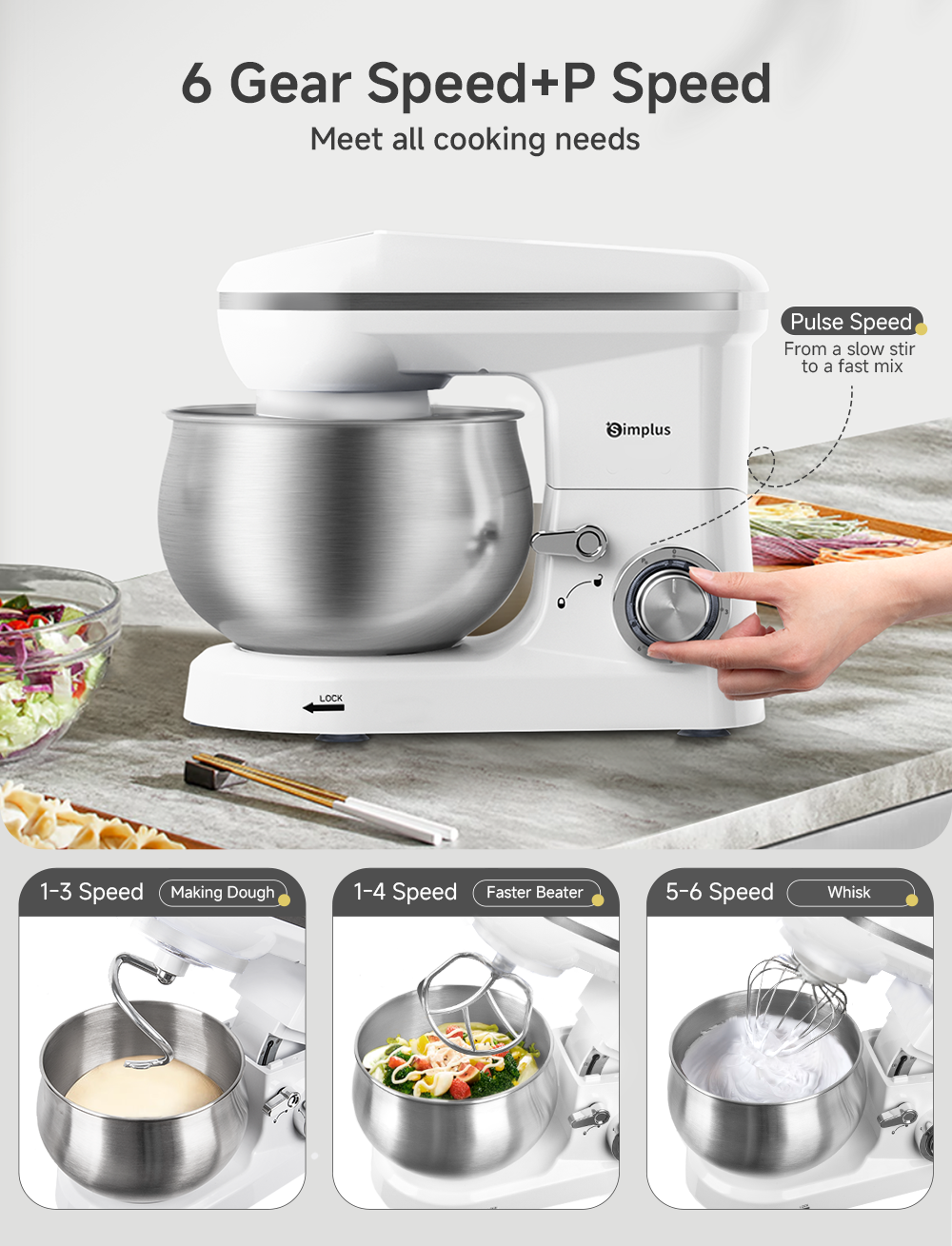 Simplus Stand Mixer Electric Food Mixer 7 Speeds with Whisk Kitchen ...