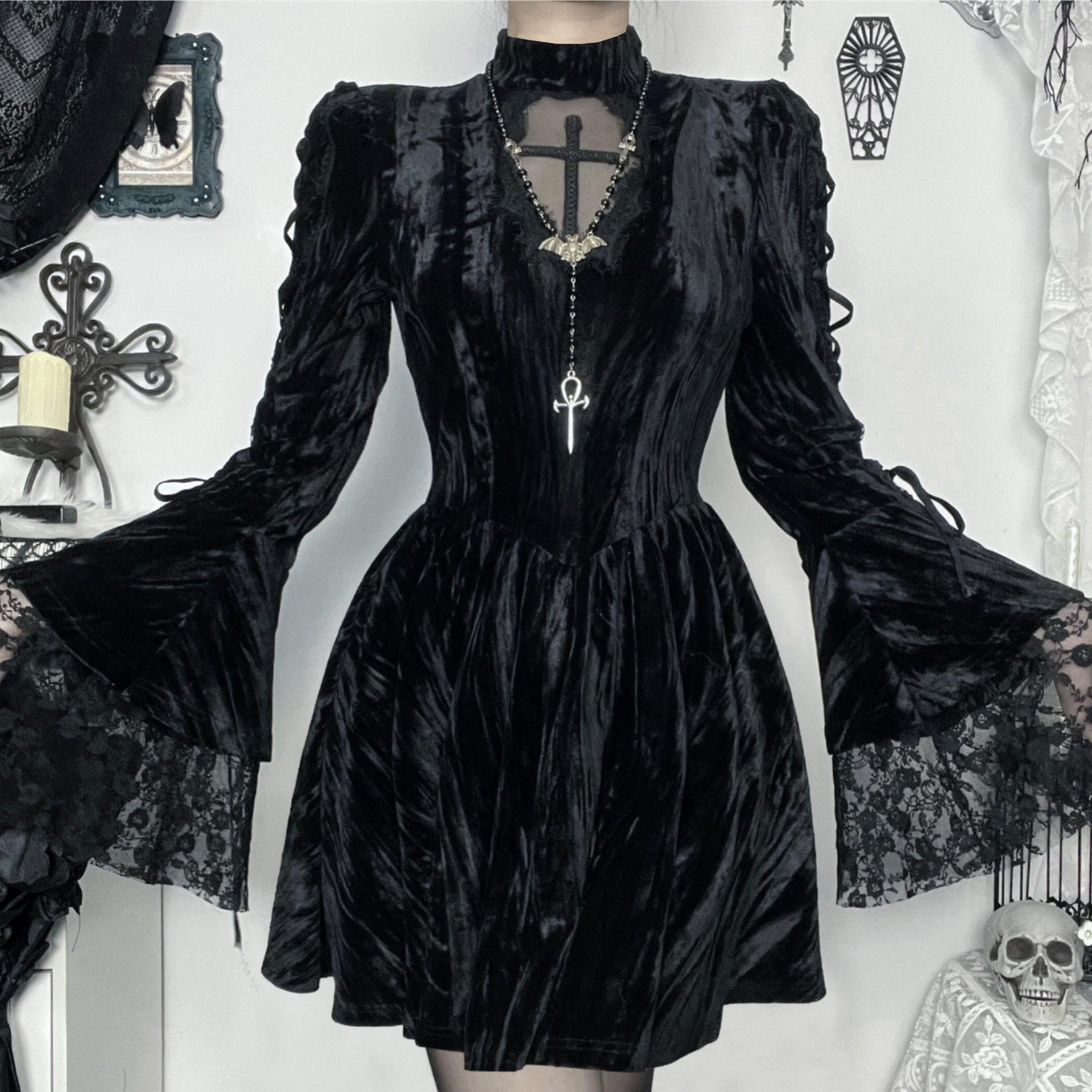 CHUNGLO Mall Goth Fairycore Gothic Dress Women Aesthetic Lace Patchwork ...