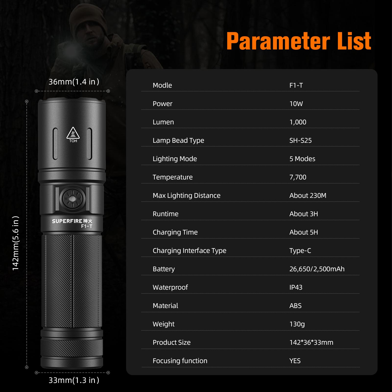 SUPERFIRE F1-T 10W Flashlight Portable Heavy Duty Waterproof Rechargeble Torch Light Zoomable ...