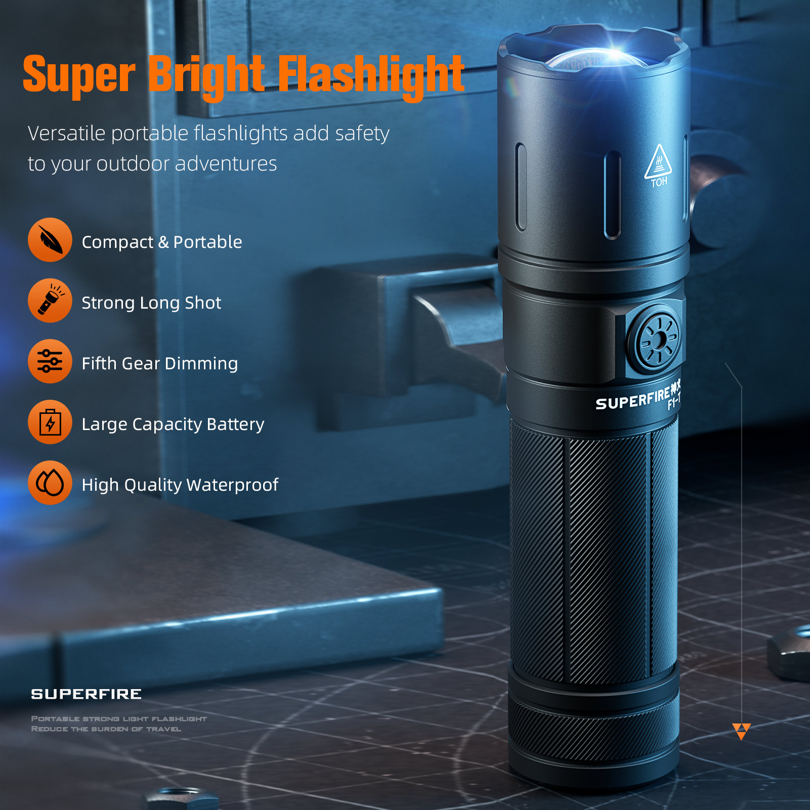 SUPERFIRE F1-T 10W Flashlight Portable Heavy Duty Waterproof Rechargeble Aluminum Alloy Torch ...