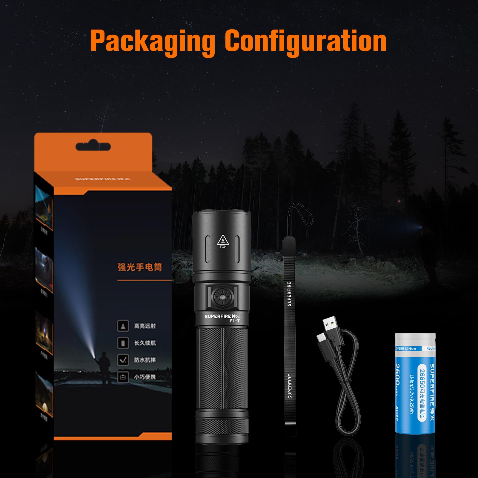 SUPERFIRE F1-T 10W Flashlight Portable Heavy Duty Waterproof Rechargeble Torch Light Zoomable ...