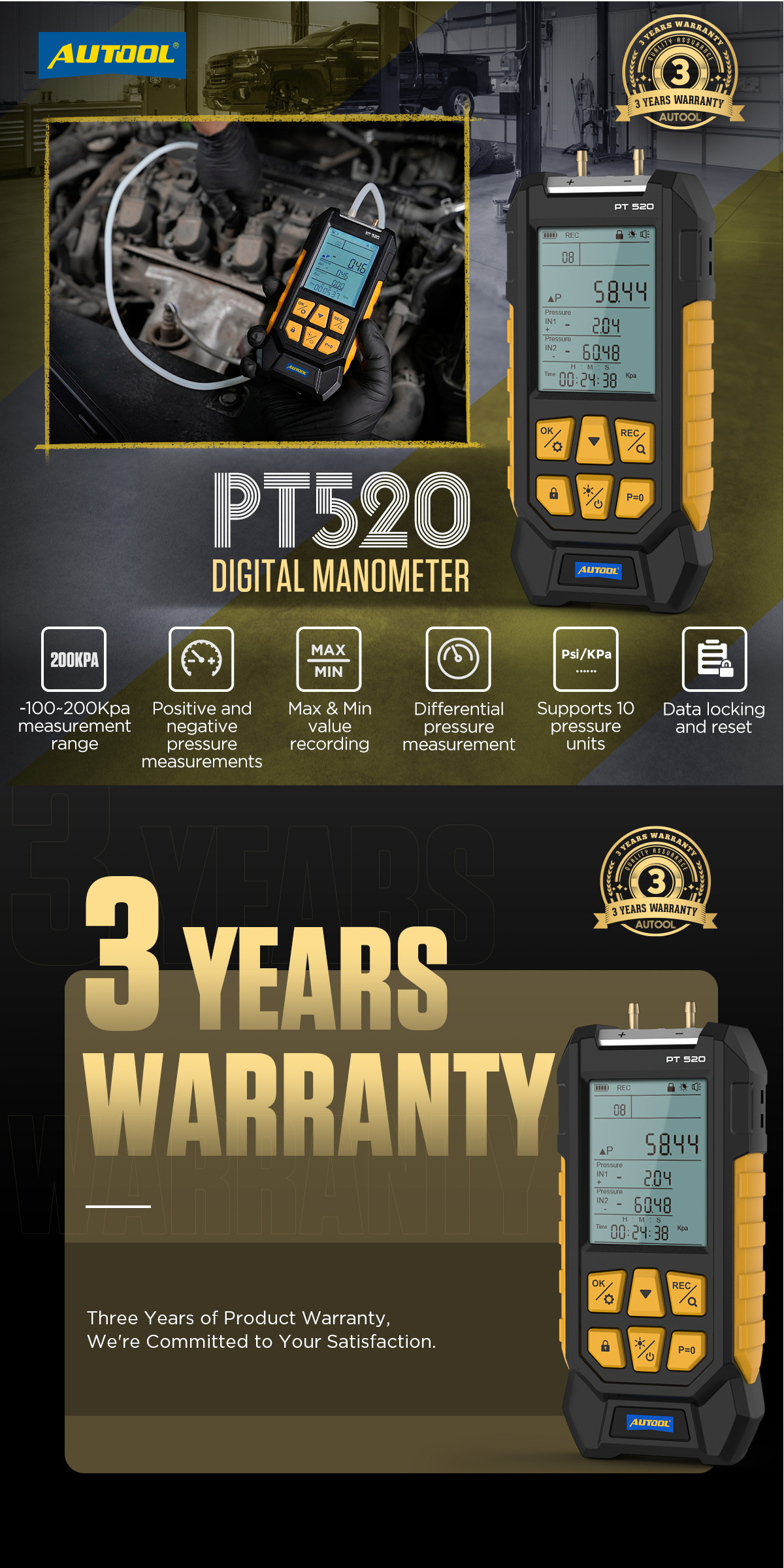 AUTOOL PT520 Digital Differential Manometer -100-200Kpa Air Pressure Gauge Negative Vacuum Gauge ...