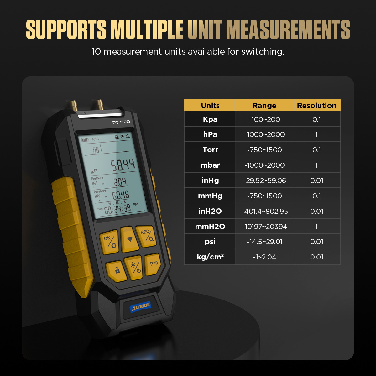 AUTOOL PT520 Digital Differential Manometer -100-200Kpa Air Pressure ...