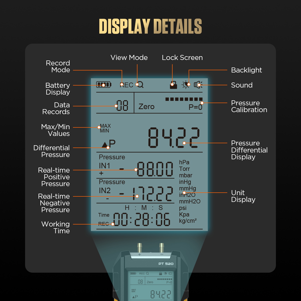 AUTOOL PT520 Digital Differential Manometer -100-200Kpa Air Pressure ...