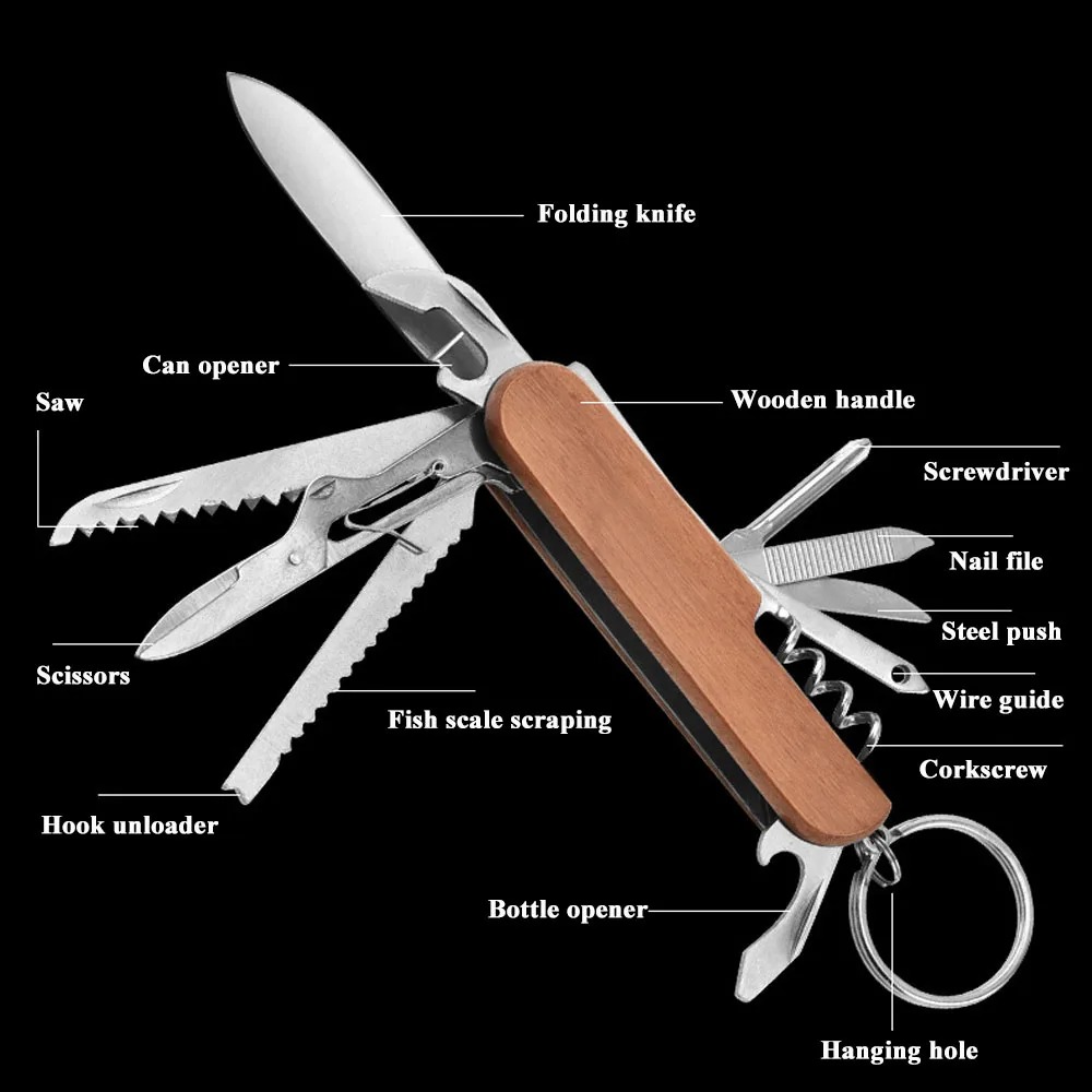 11 In 1 Open Multifunctional Stainless Steel Folding Tool Knife Bamboo ...
