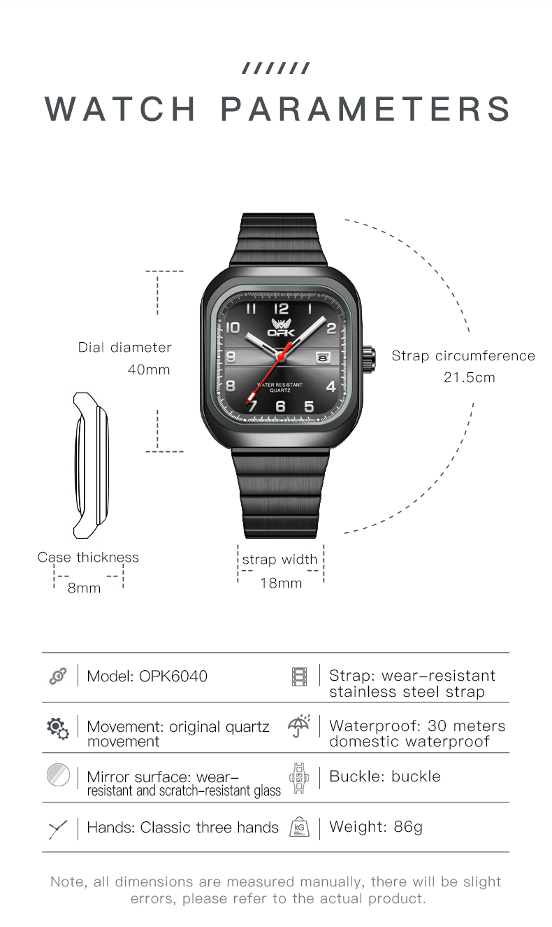 OPK Watch For Men Waterproof Original Square Dial Stainless Steel Strap ...