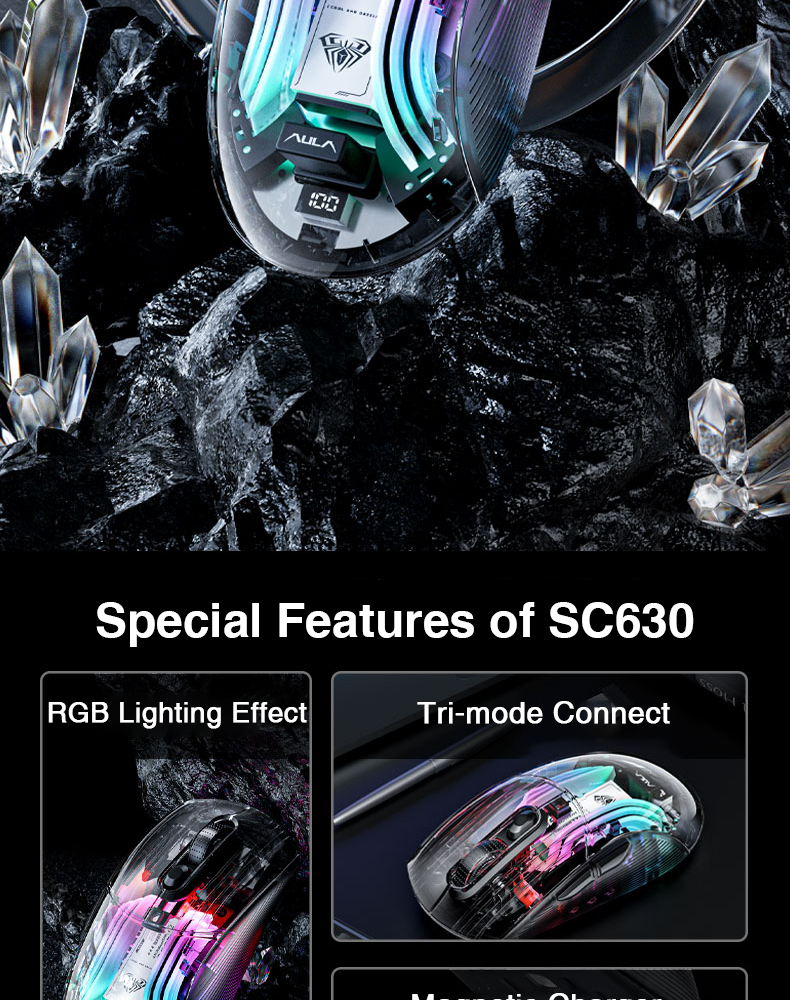 AULA SC630 Transparent Mouse Tri mode Luminous RGB Magnetic Seat ...