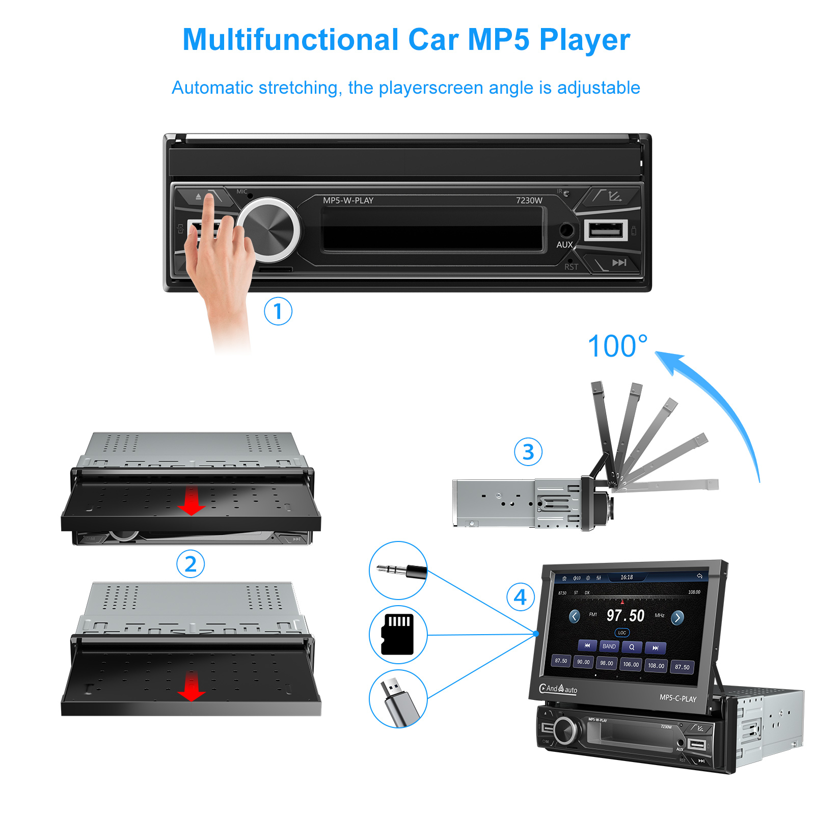 ESSGOO 7 INCH 1 Din Car Stereo Wireless Carplay Android Auto Telescopic Touch Screen MP5 Player ...