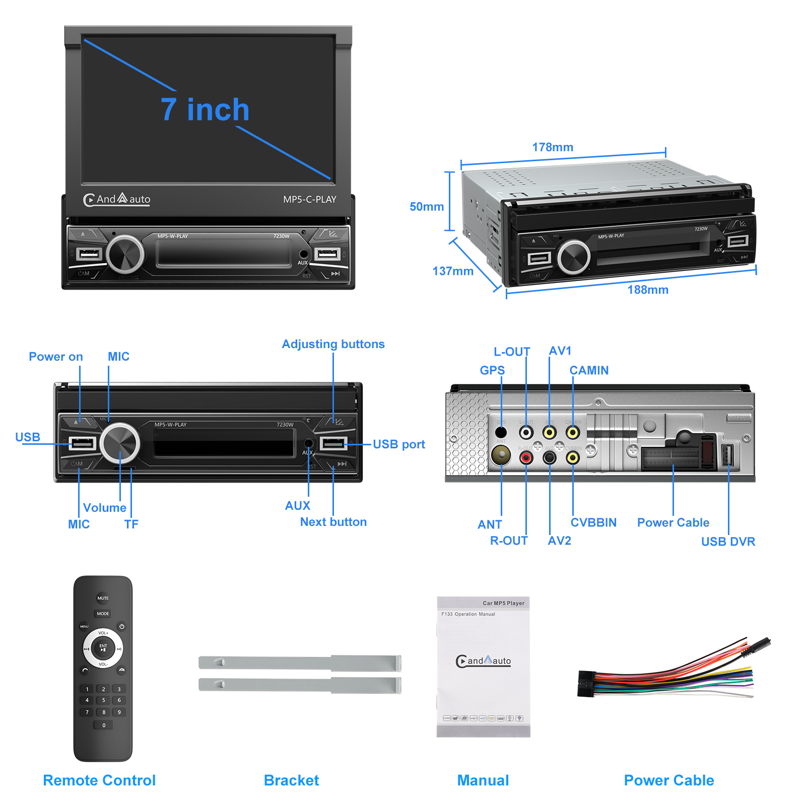 ESSGOO 7 INCH 1 Din Car Stereo Wireless Carplay Android Auto Telescopic Touch Screen MP5 Player ...