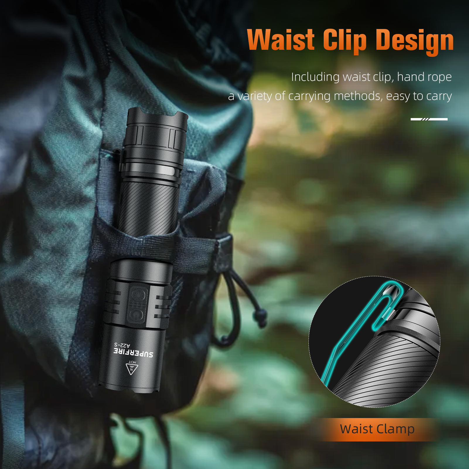 SUPERFIRE A22-S 36W LED Flashlight EDC Portable Zoomable Torch Ultra Powerful Rechargeable ...