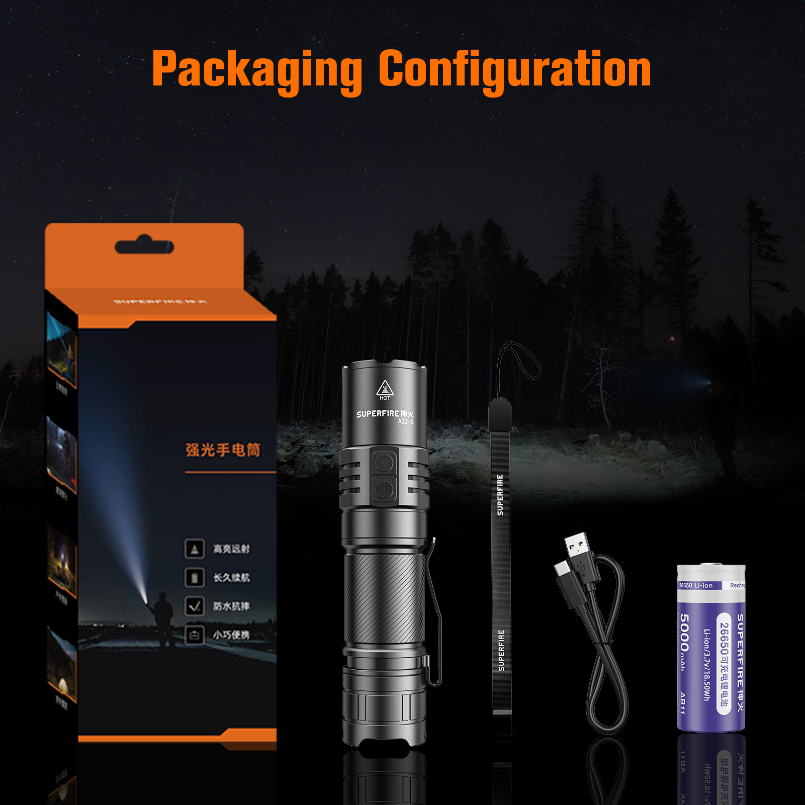 SUPERFIRE A22-S 36W LED Flashlight EDC Portable Zoomable Torch Ultra Powerful Rechargeable ...