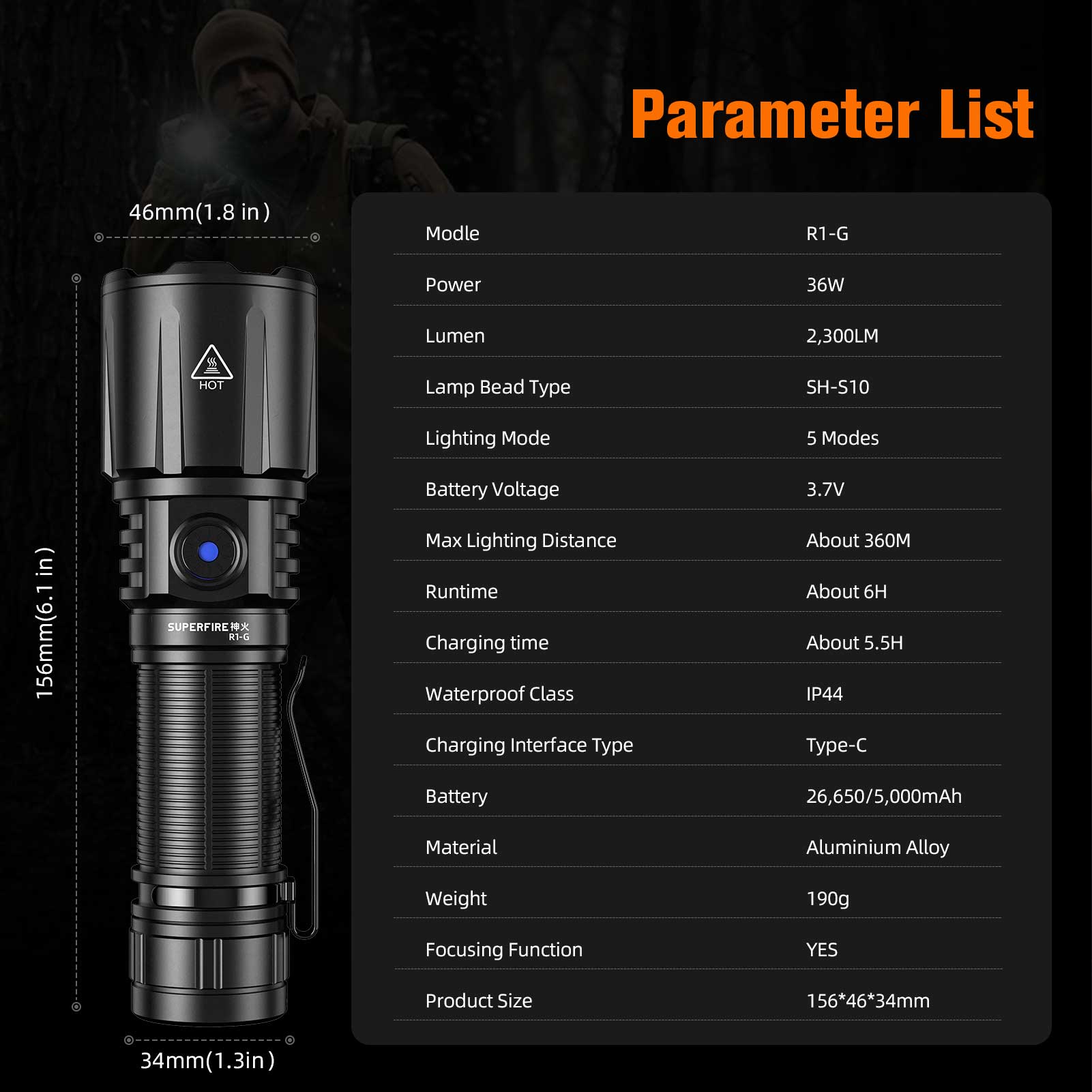 SUPERFIRE R1-G 36W High Power LED Flashlights Zoomable Type-c Rechargeable 26650 Portable Torch ...