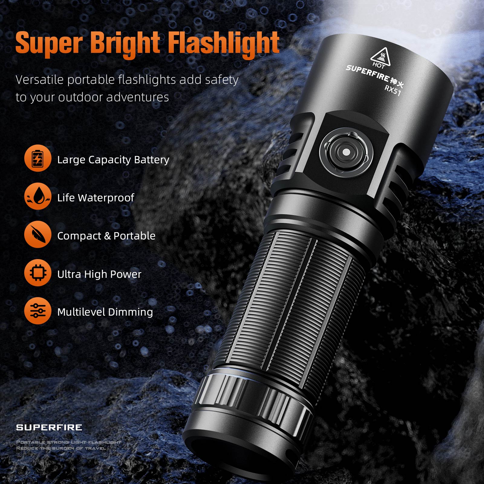 SUPERFIRE L22 60W LED Flashlight Ultra Bright 5000 Lumen Torch Power Bank Function Rechargeable ...