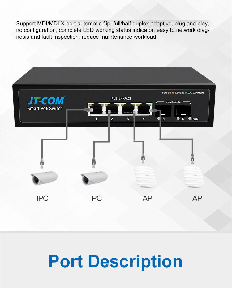 JT-COM 10G 6-Port Uplink 2.5G PoE Ethernet Switch, 2×10G SFP Ports ...