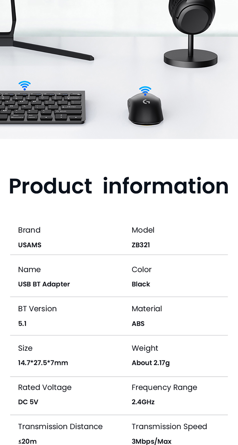 USAMS USB Bluetooth 5.1 Adapter Transmitter Receiver Wireless Mouse ...