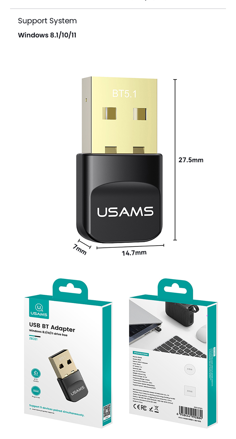 USAMS USB Bluetooth 5.1 Adapter Transmitter Receiver Wireless Mouse ...