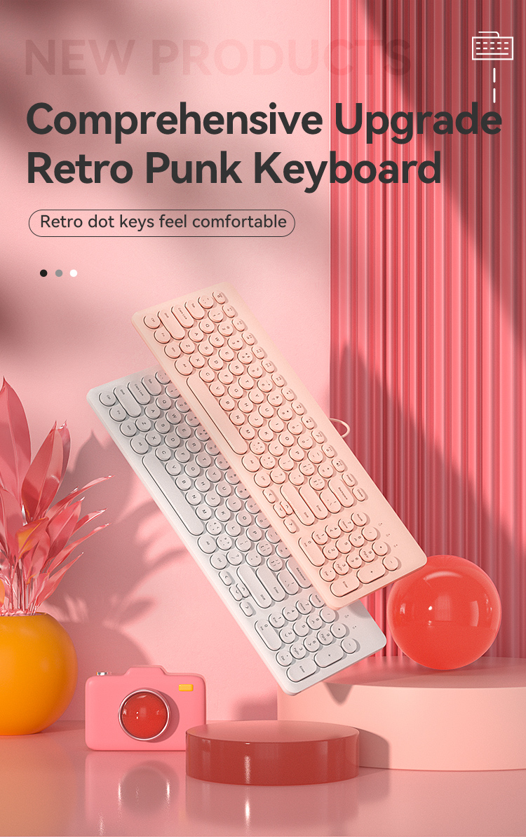 BOW K221U Wired Keyboard 96 Keys Pink White Ergonomic Retro Punk ...